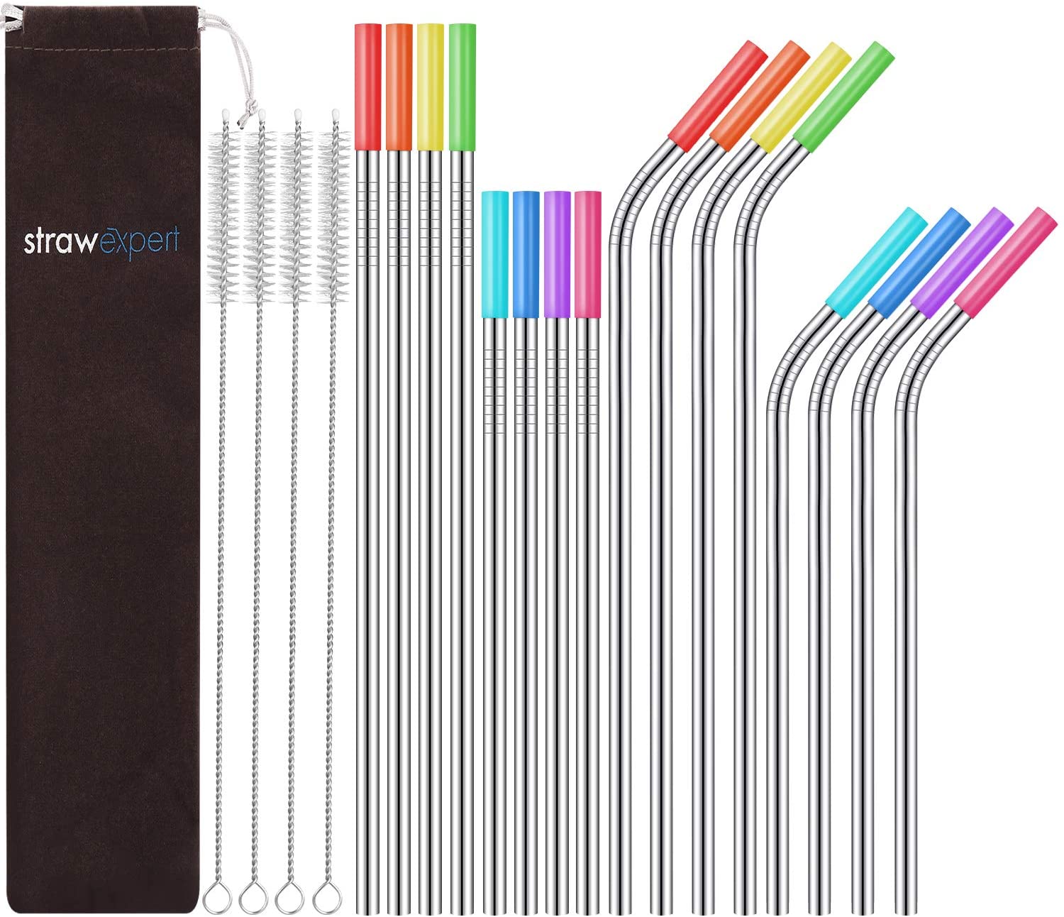 StrawExpert Set of 16 Reusable Stainless Steel Straws with Travel Case ...