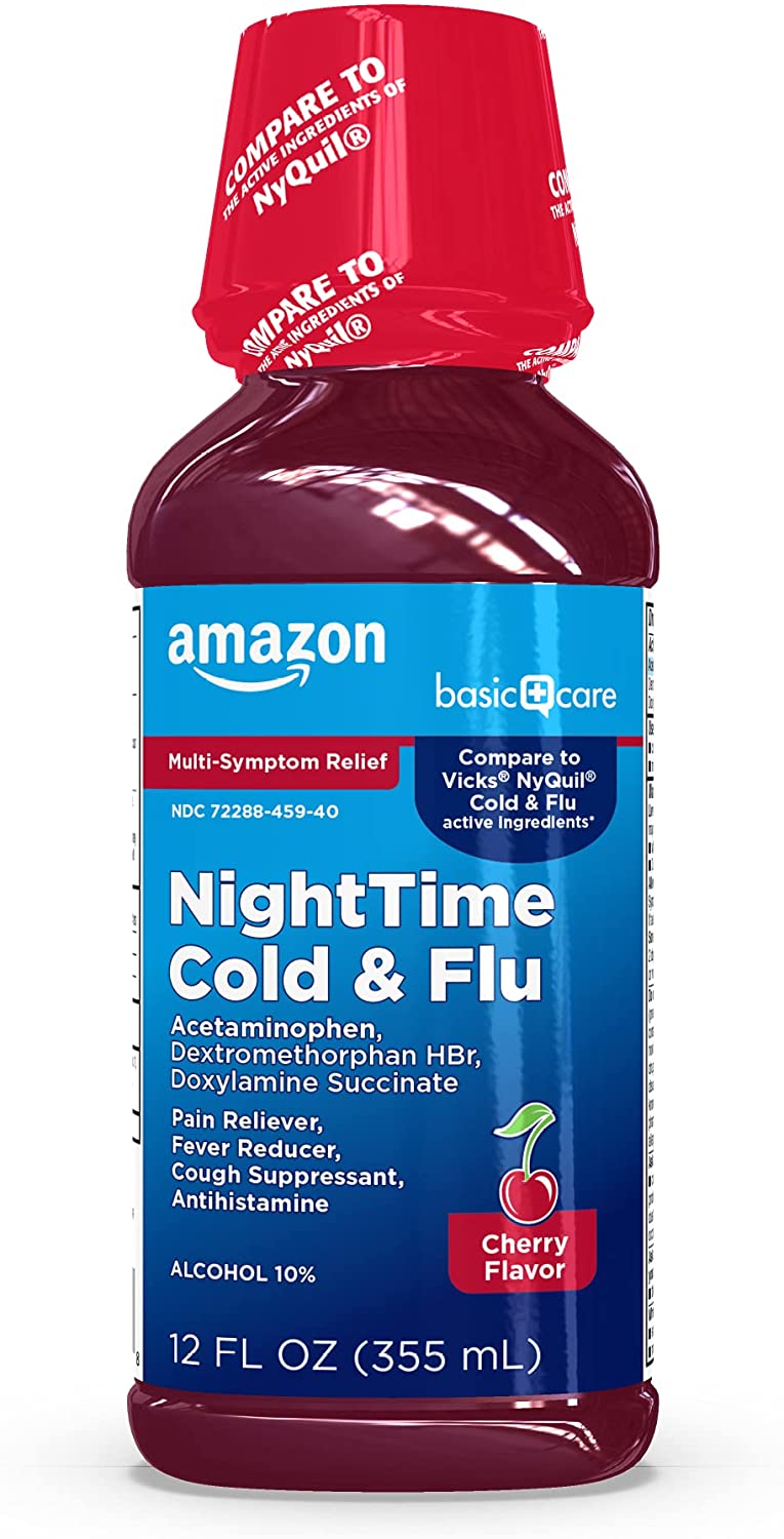 Amazon Basic Care Nighttime Cold and Flu Relief, Pain Reliever, Night ...