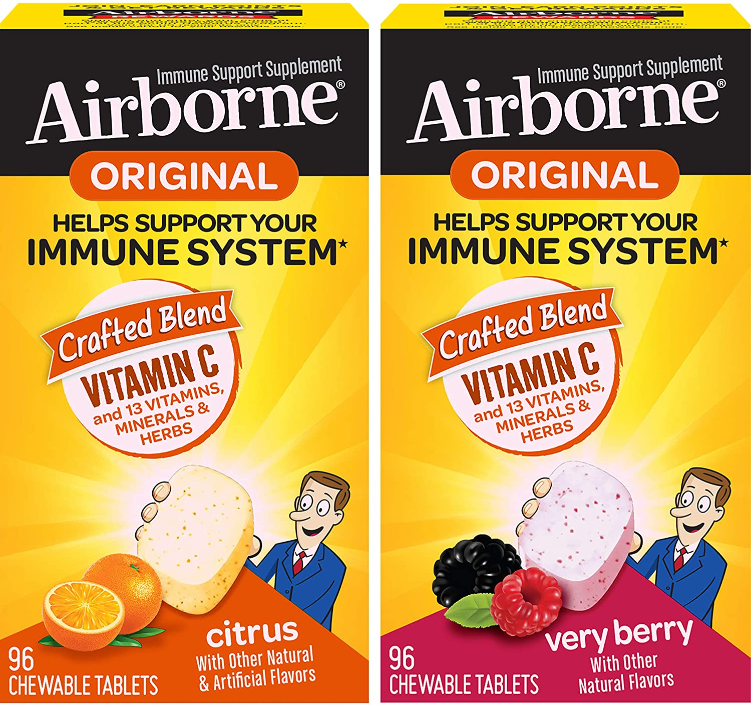 Vitamin C 1000mg - Airborne Berry Chewable Tablets, Immune Support ...